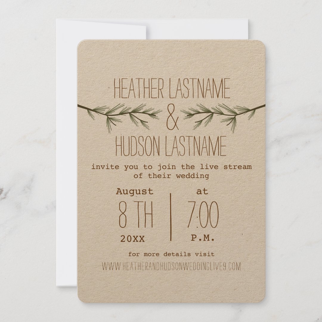 Virtual Live Stream Wedding Rustic Evergreen Trees Invitation | Zazzle