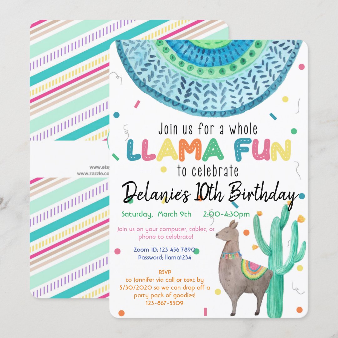 Virtual Llama Theme Birthday Party Invitation | Zazzle
