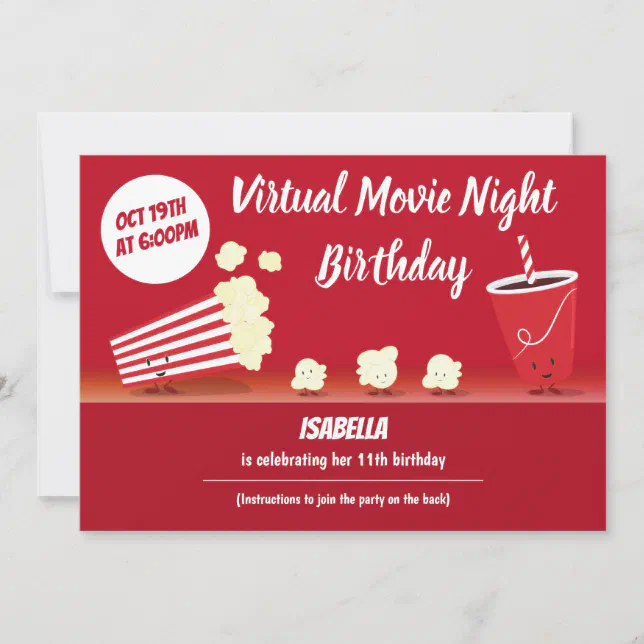 Virtual Movie Night Birthday Popcorn Cartoon Invitation | Zazzle