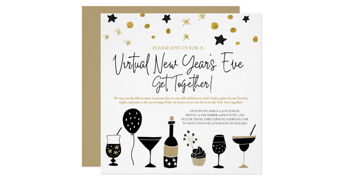 Virtual New Years Eve Party Cocktails Gold Black Invitation | Zazzle.com