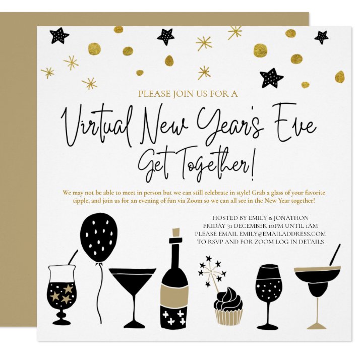 Virtual New Years Eve Party Cocktails Gold Black Invitation | Zazzle.com