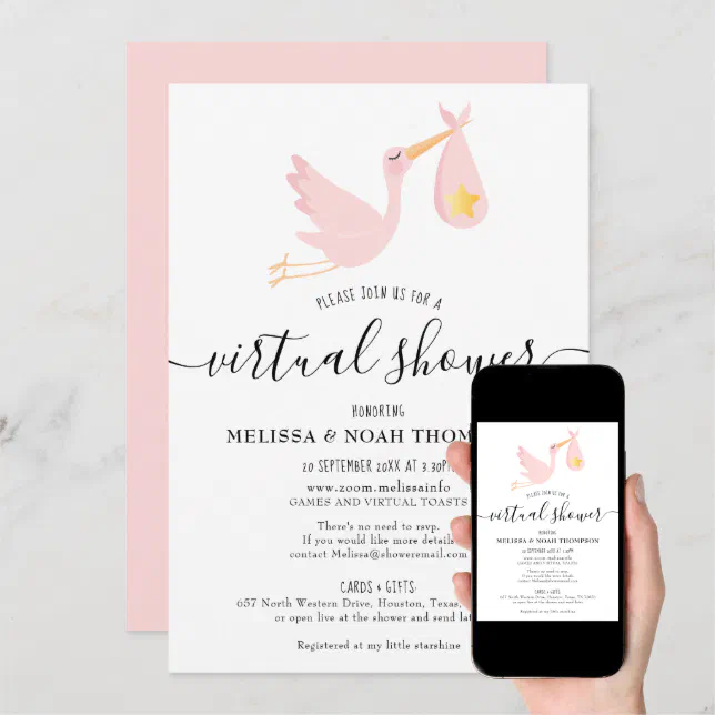 Virtual Online Long Distance Pink Baby Shower Invitation | Zazzle