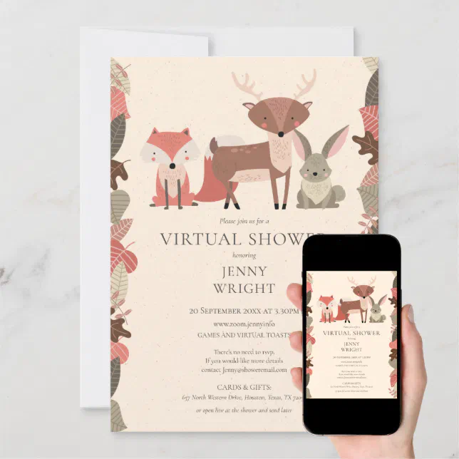 Virtual Online Woodland Animals Baby Shower Invitation | Zazzle
