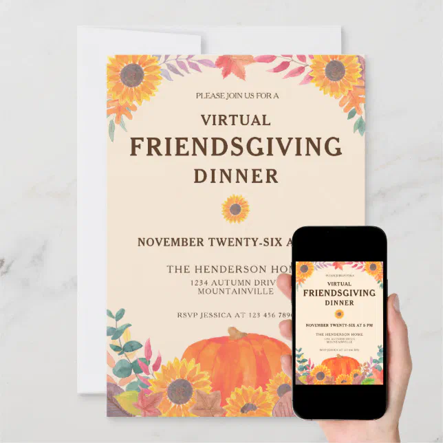 Virtual Pumpkin Sunflowers Friendsgiving Dinner Invitation | Zazzle