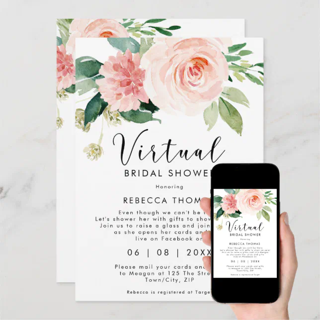 virtual shower by mail pink floral bridal shower invitation | Zazzle