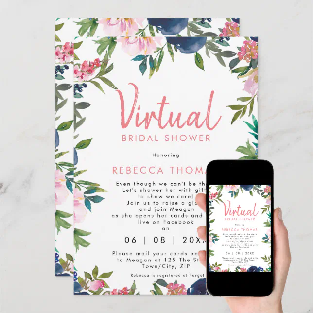 virtual shower by mail pink floral bridal shower invitation | Zazzle