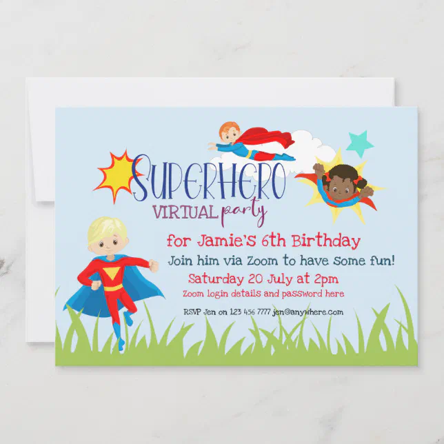 Virtual Superhero Kids Birthday Party Invitation | Zazzle