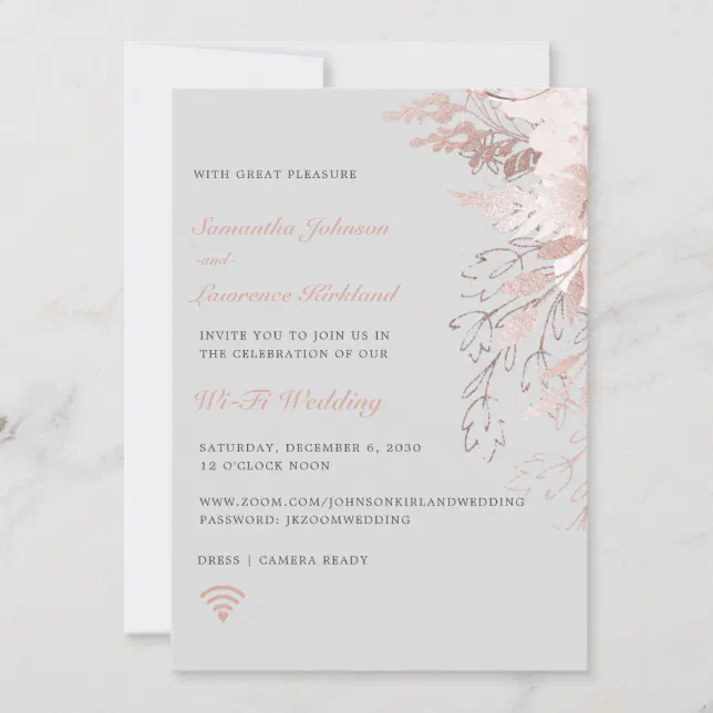 Virtual Wedding WiFi Zoom Dusty Rose Grey Floral Invitation | Zazzle