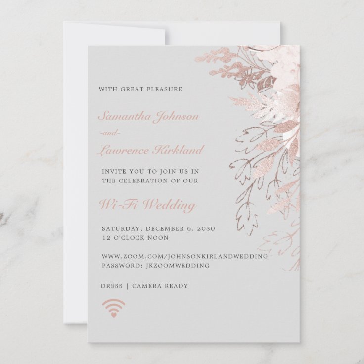 Virtual Wedding WiFi Zoom Dusty Rose Grey Floral Invitation | Zazzle