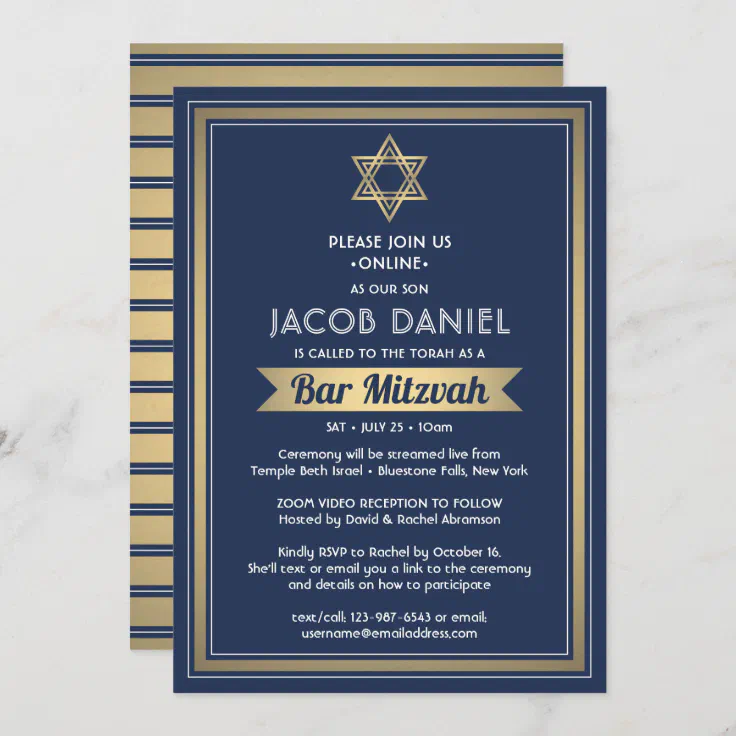 Virtual Zoom Bar Mitzvah Navy Blue White & Gold Invitation | Zazzle