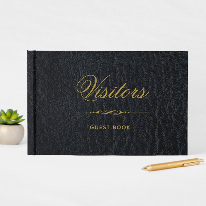 Visitors Faux Black Leather Elegant Guest Book | Zazzle