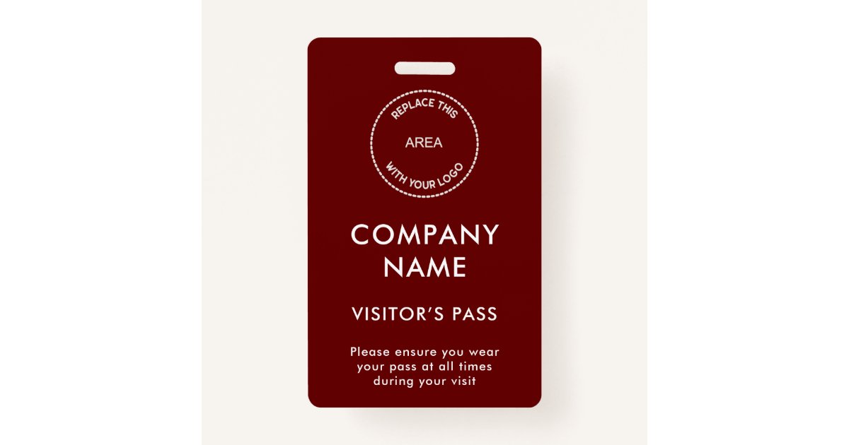 Visitors Pass Company Name Logo Burgundy White Badge | Zazzle