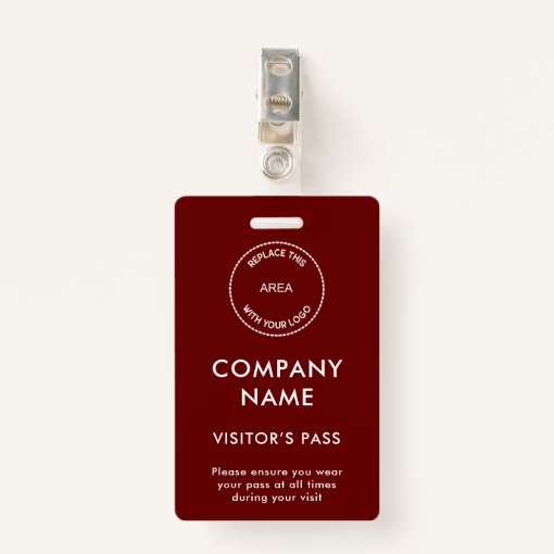 Visitors Pass Company Name Logo Burgundy White Badge | Zazzle