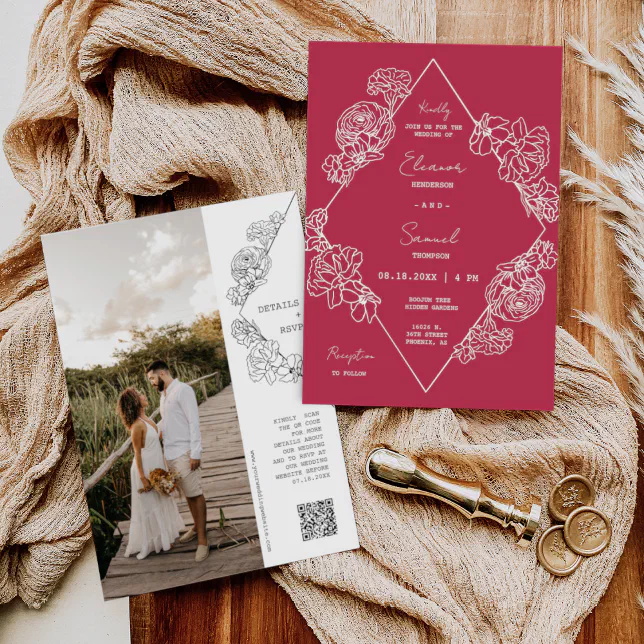 Viva Magenta Botanical Line Art Boho QR Code Photo Invitation | Zazzle