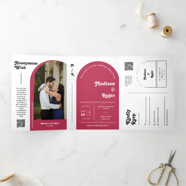 Viva Magenta Retro Boho Arch Photo QR Code Wedding Tri-Fold Invitation ...