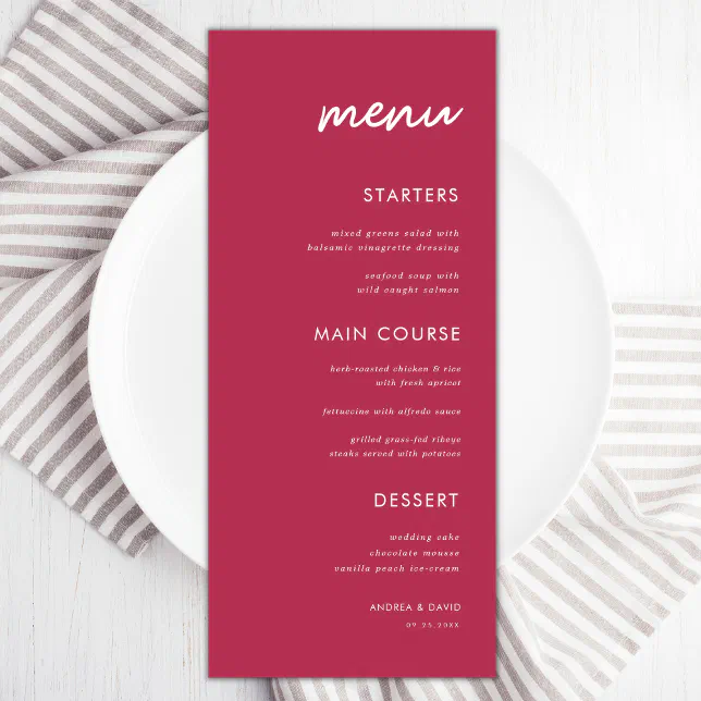 Viva Magenta Vibrant Minimalist Wedding Dinner Men Menu | Zazzle