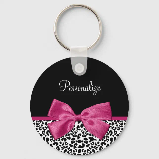 Vivacious Dark Pink Ribbon Leopard Print With Name Keychain | Zazzle