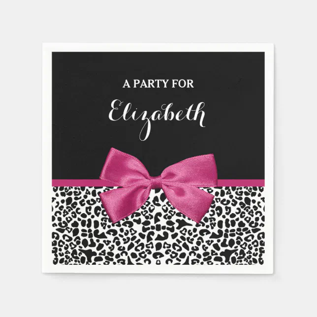 Vivacious Dark Pink Ribbon Leopard Print With Name Paper Napkins | Zazzle