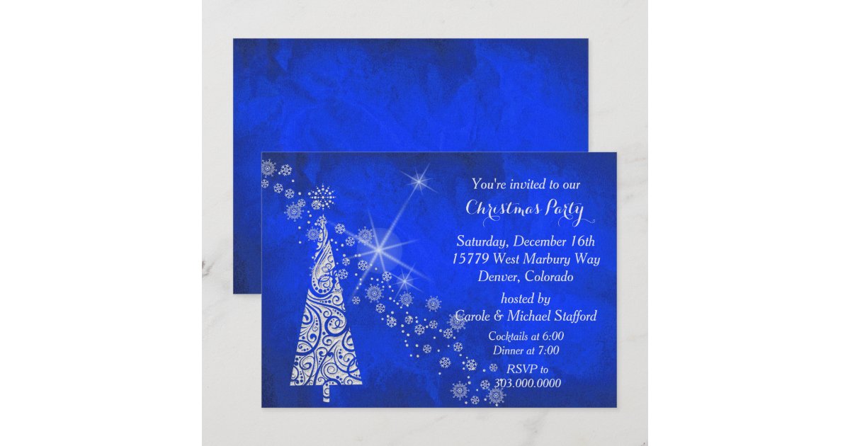 Vivid Blue Christmas Tree Party Invitation | Zazzle