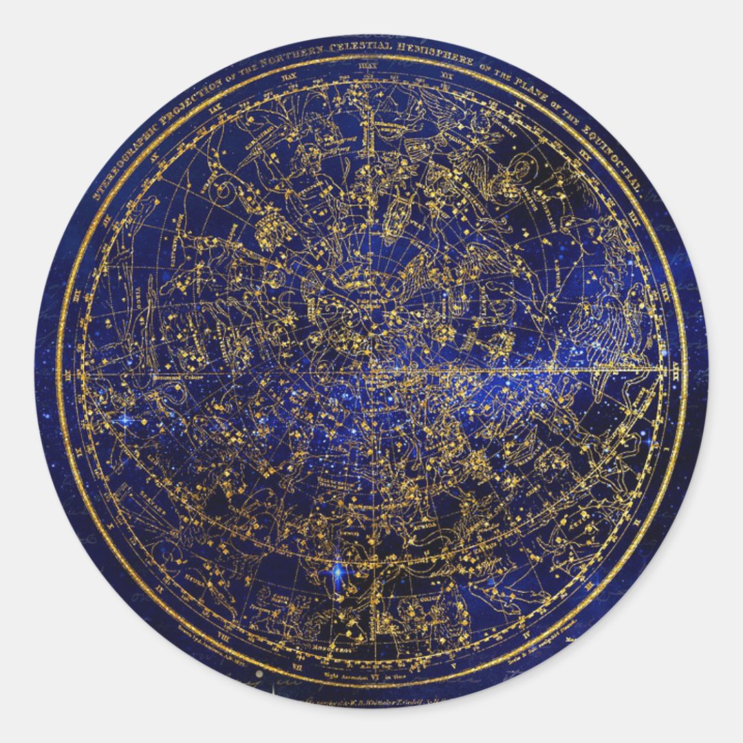 Vivid Blue Star Map/Golden Constellation Globe Classic Round Sticker ...