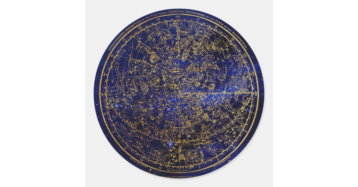 Vivid Blue Star Map/Golden Constellation Globe Classic Round Sticker ...
