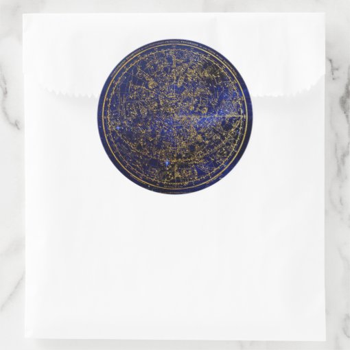 Vivid Blue Star Map/Golden Constellation Globe Classic Round Sticker ...
