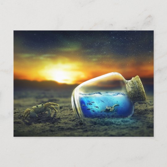 Vivid Sunset Beach Crab/Sea Life in Bottle Surreal Postcard | Zazzle.com