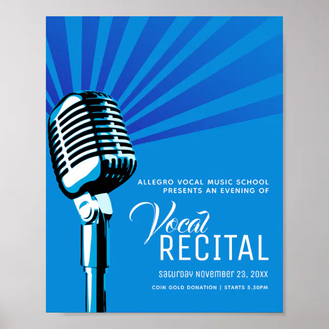 Vocal recital classic microphone music blue poster | Zazzle