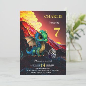 Volcano Fire Dragon Kid Boy's Birthday Invitation | Zazzle