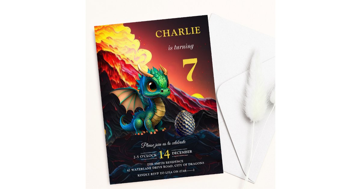Volcano Fire Dragon Kid Boy's Birthday Invitation | Zazzle