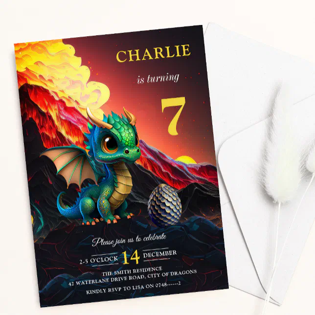 Volcano Fire Dragon Kid Boy's Birthday Invitation | Zazzle