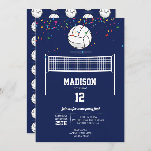 Volleyball Ball & Net Navy Blue Birthday Party Invitation | Zazzle