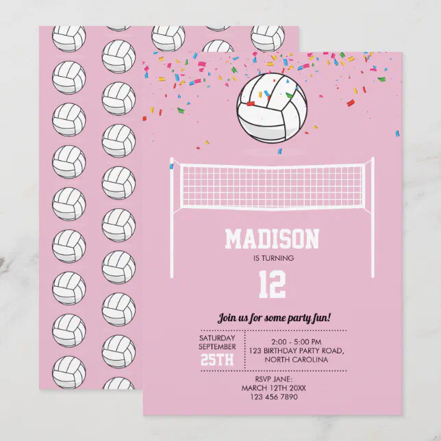 Volleyball Ball & Net Pink Girl Birthday Party Invitation | Zazzle