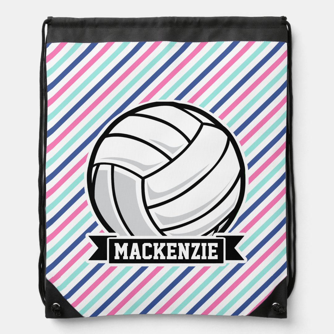 Volleyball; Blue, Pink, & White Stripes, Sports Drawstring Bag | Zazzle