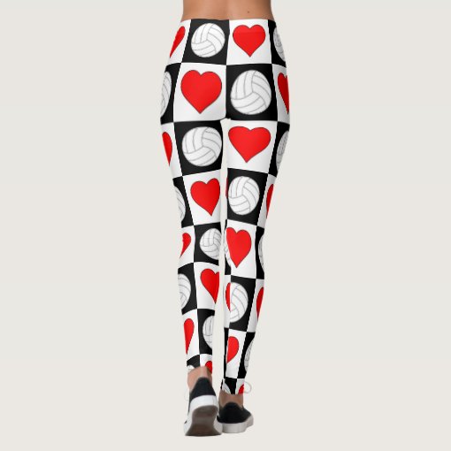 Volleyball Hearts Black & White Checkered Pattern Leggings | Zazzle