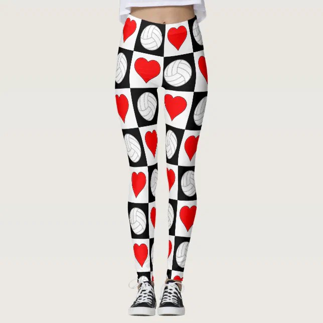 Volleyball Hearts Black & White Checkered Pattern Leggings | Zazzle