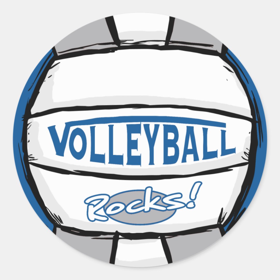 Volleyball Rocks Blue and Silver Classic Round Sticker | Zazzle