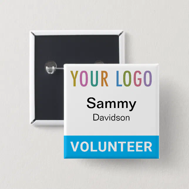 Volunteer Pin Back Badge Custom Logo Square Button | Zazzle