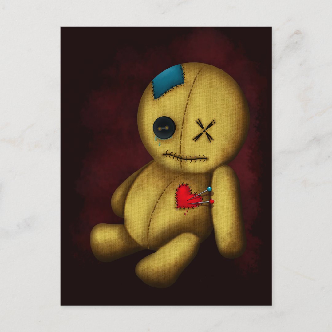 Voodoo Rag Doll with buttons Patches and Pins Postcard | Zazzle