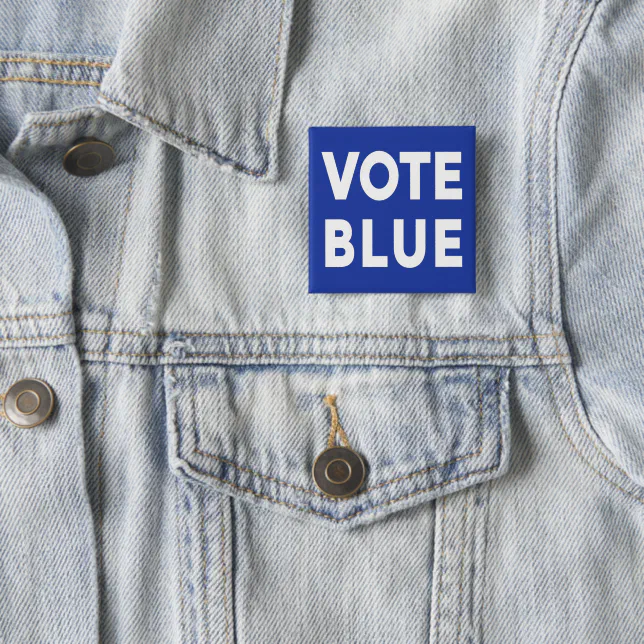Vote Blue bold white text on blue political Button | Zazzle