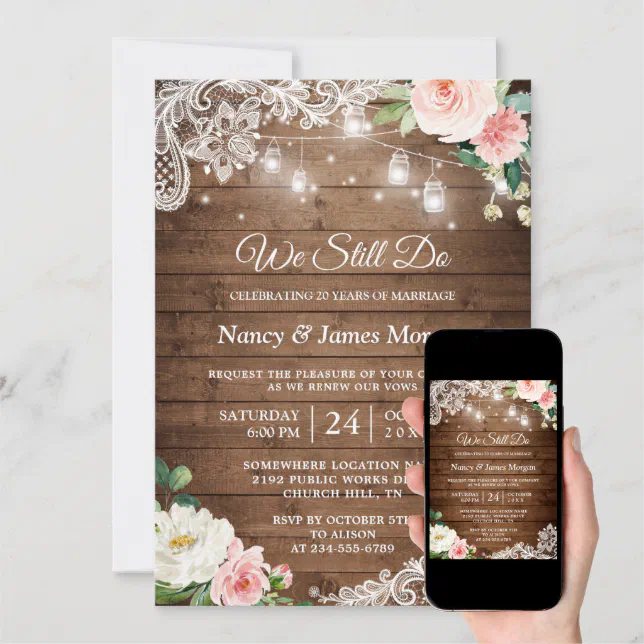 Vow Renewal Rustic Mason Jar Lights Lace Floral Invitation | Zazzle