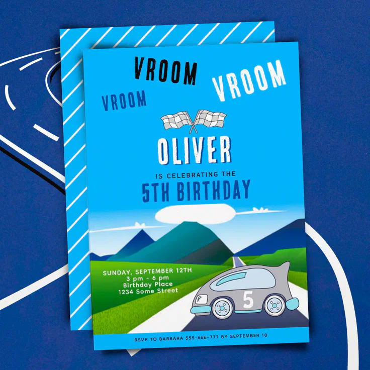 Vroom Vroom Racing Car on a Road Boy Birthday Invitation | Zazzle