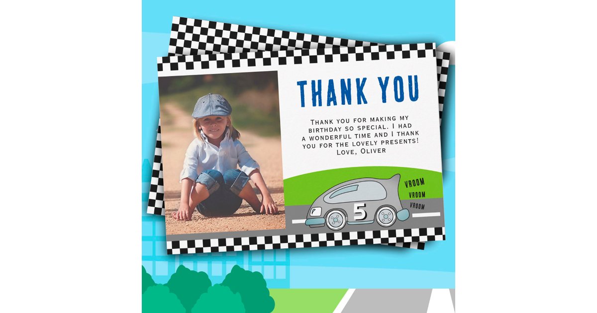 Vroom Vroom Racing Car Road Boy Photo Birthday Thank You Card | Zazzle