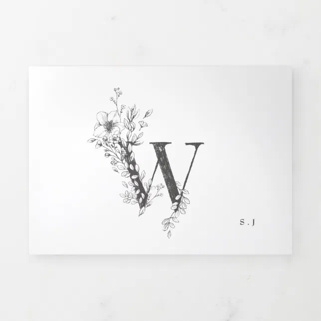 'W' Monogram Beautiful Sketched Floral Wedding Tri-Fold Invitation | Zazzle