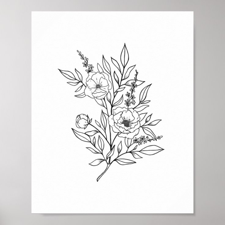 WALL ART PRINT | Fine Art Floral Line Art Print | Zazzle