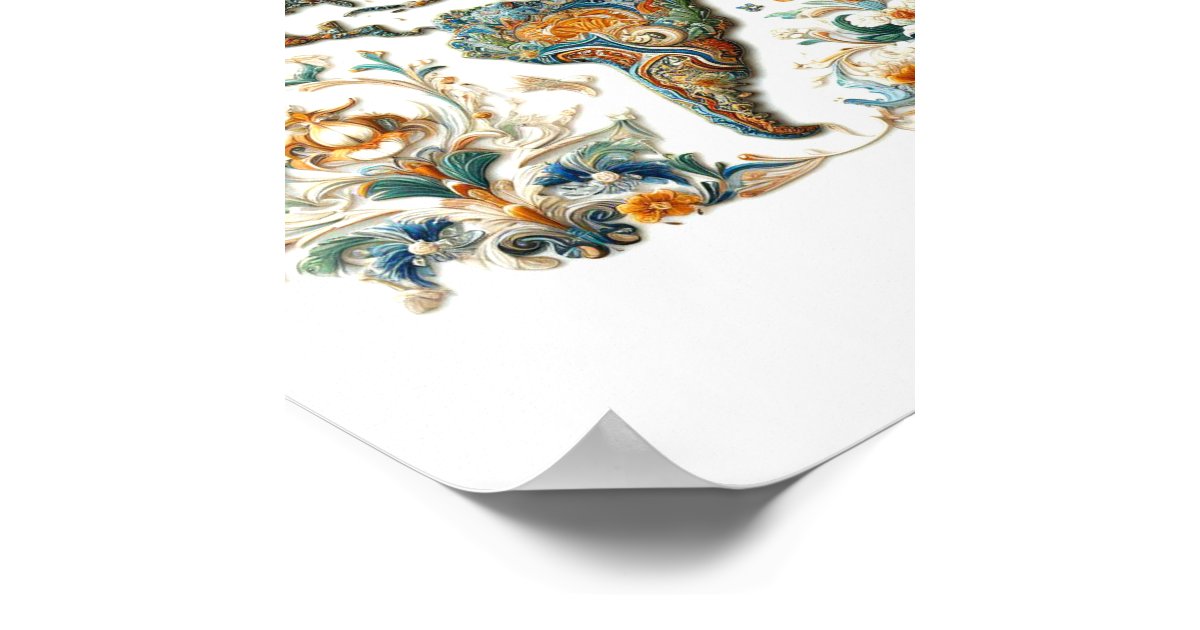 Wall Art World Map with Majolica design Poster | Zazzle