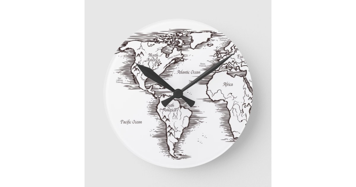 Wall Clock - B/W World Map USA Africa Europe | Zazzle