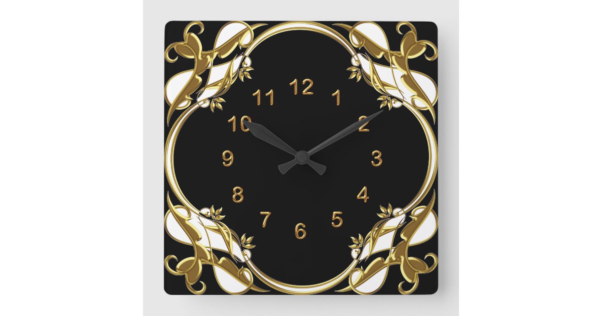 Wall Clock Black Gold White Floral Swirl | Zazzle