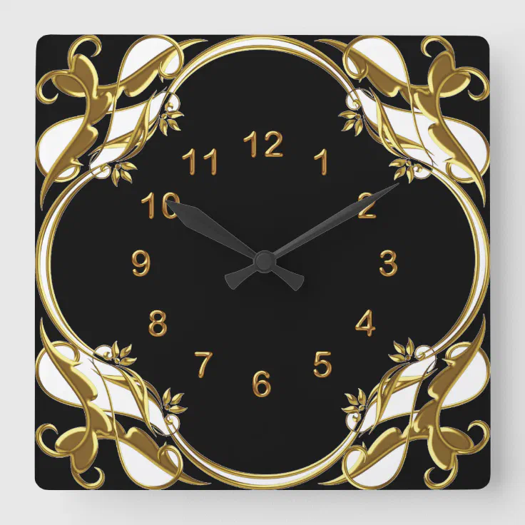 Wall Clock Black Gold White Floral Swirl | Zazzle
