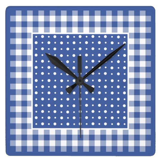 Wall Clock, Dark Blue Polka Dots, Check Gingham Square Wall Clock ...
